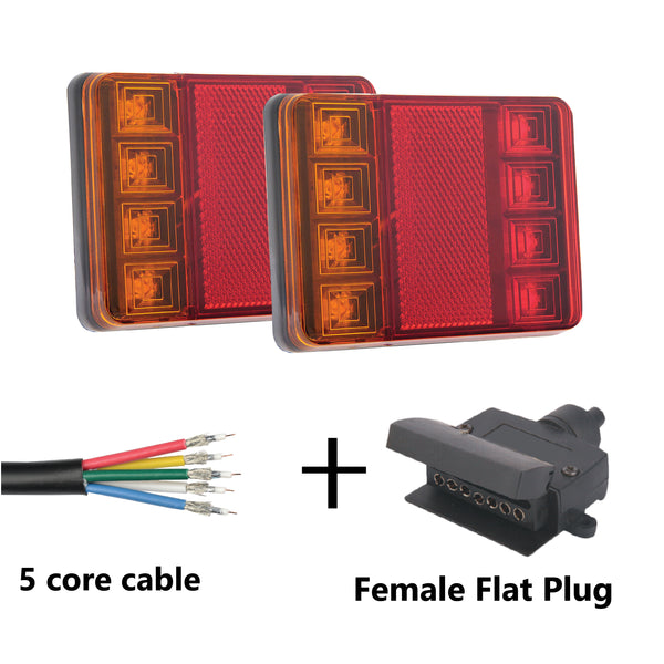 8 LED TRAILER LIGHTS KIT - 1 x Female Flat Plug, 8M x 5 CORE CABLE 12V